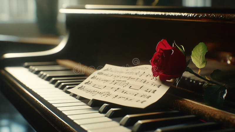 Closeup of Piano with Some Music Sheets and a Red Rose Over it ...