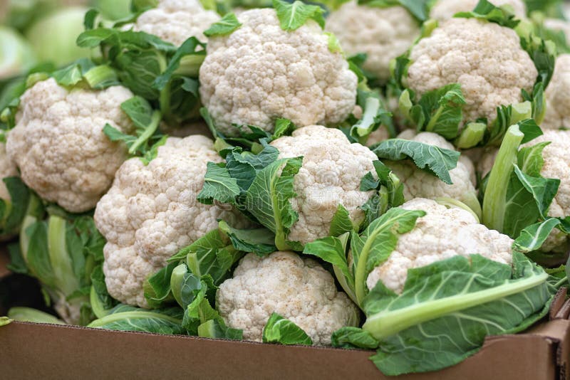 Closeup of Picked Cauliflower in Cardboard Box in Grocery Store Stock ...