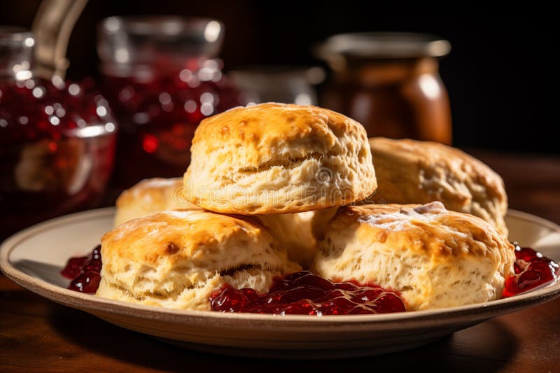 Closeup Plain Scone with Raspberry Jam in Dish. Bakery Food Afternoon ...