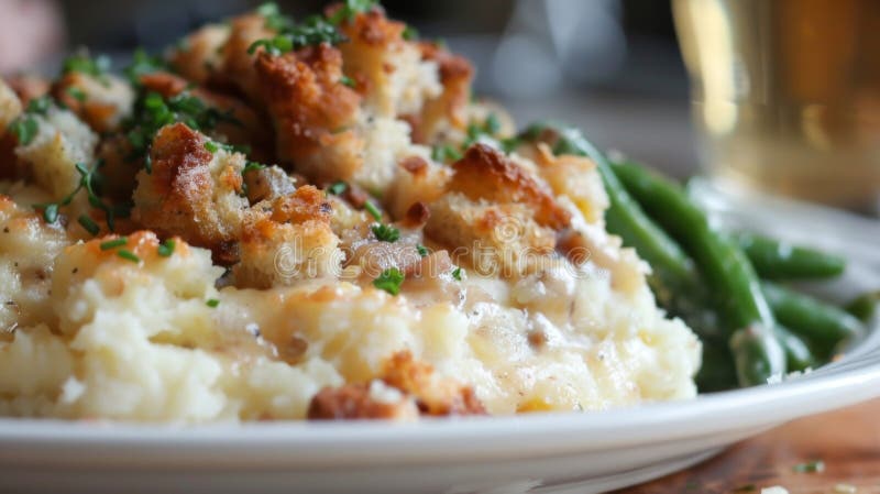A Closeup of a Plate Piled High with Mashed Potatoes Green Bean ...