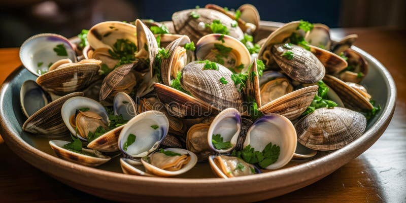 Closeup of a Plate of Steamed Clams. Stock Illustration - Illustration ...