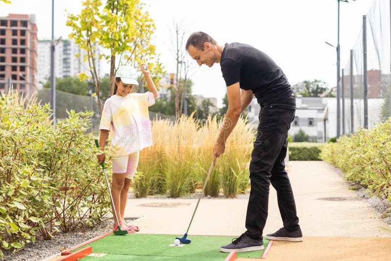 Closeup of Player Play Mini Golf with Ball Stock Image - Image of field ...