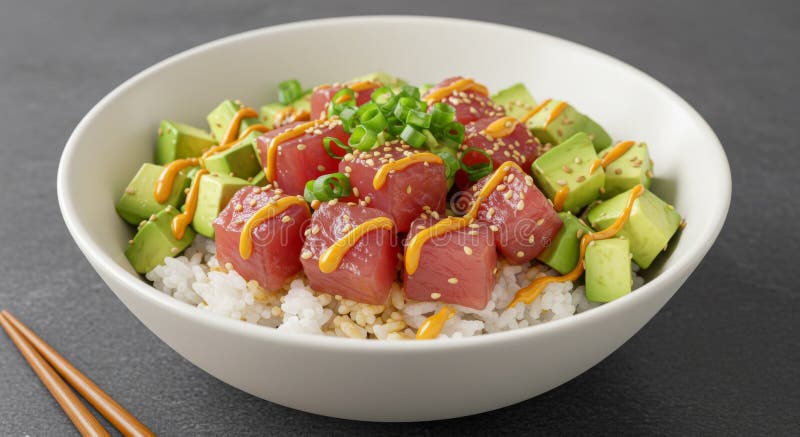 Closeup of a Poke Bowl with Tuna, Avocado, and Rice Stock Illustration ...