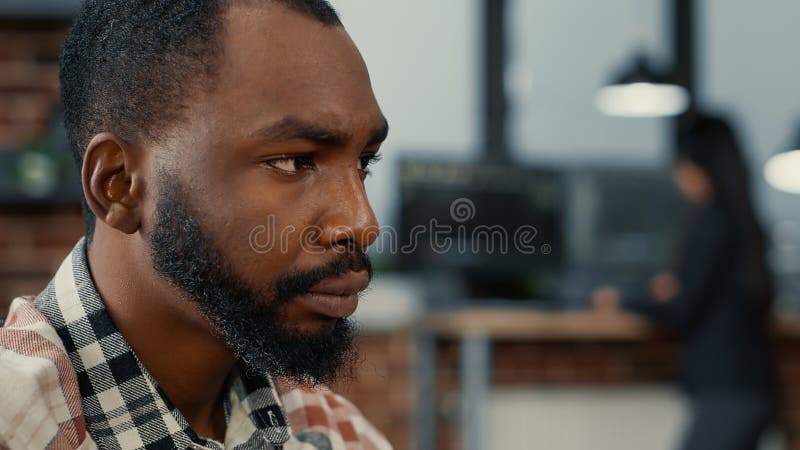 Closeup Portrait of African American Software Developer Working Focused ...