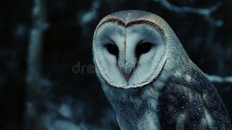 Closeup Portrait of a Barn Owl in a Dark Forest at Night Stock ...
