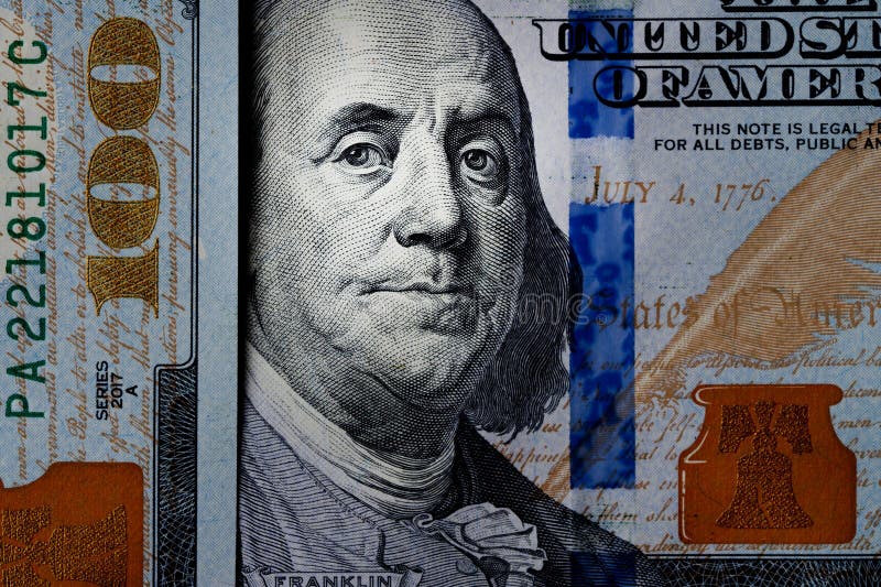 Closeup Portrait Benjamin Franklin on 100 Us Dollar Bill. Stock Image ...