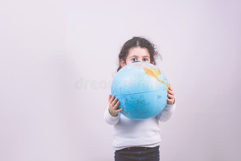 Closeup Portrait Curious Child Holding an Earth Globe Map in His Hand ...