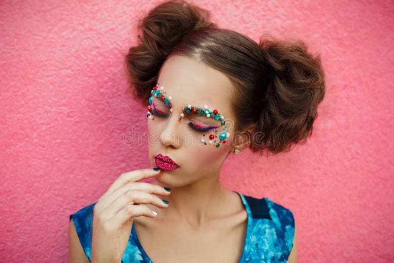 Closeup Portrait Of Girl Closed Eyes And Creative Professional Unusual