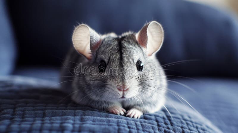 Closeup Portrait of a Grey Mouse on a Dark Blue Fabric Stock ...
