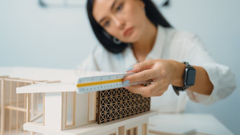 Professional Architect Using Triangular Scale Measure House Model ...
