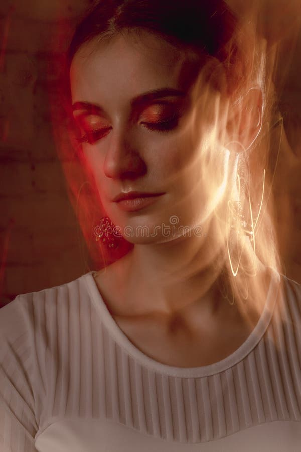 Closeup Portrait of Pretty Model in Mixed Light at Studio Stock Image ...