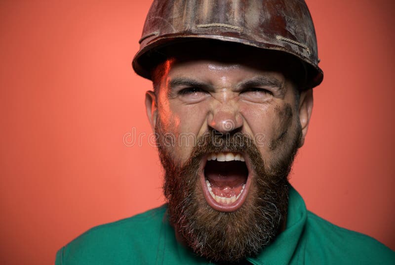 Closeup Portrait Screaming Construction Worker in Hard Hat. Angry ...
