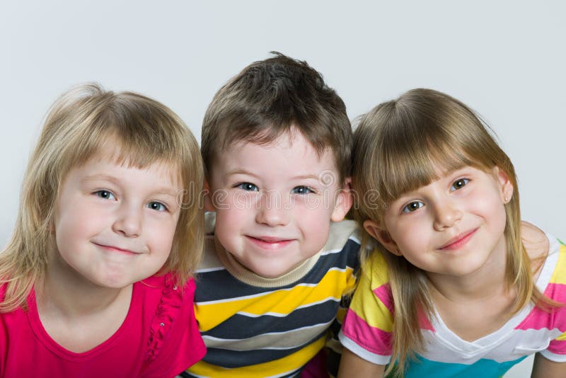 Closeup Portrait of Three Cheerful Children Stock Image - Image of ...