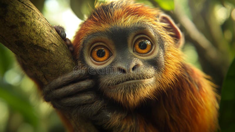Closeup Portrait of a Young Orange Monkey in Lush Green Forest Stock ...
