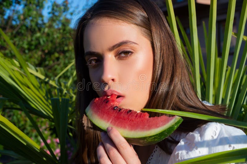 Closeup Portrait Of Young Sensual Woman Eating Watermelon Beautiful