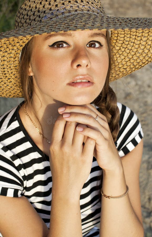 Closeup Portrait of Young Woman Wearing Hat Stock Image - Image of ...