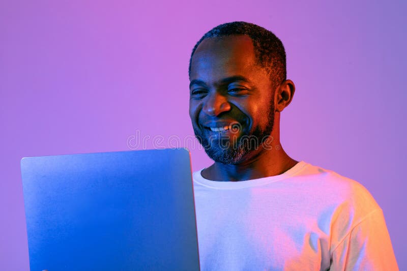 Closeup of Positive Black Man Using Laptop, Copy Space Stock Image ...