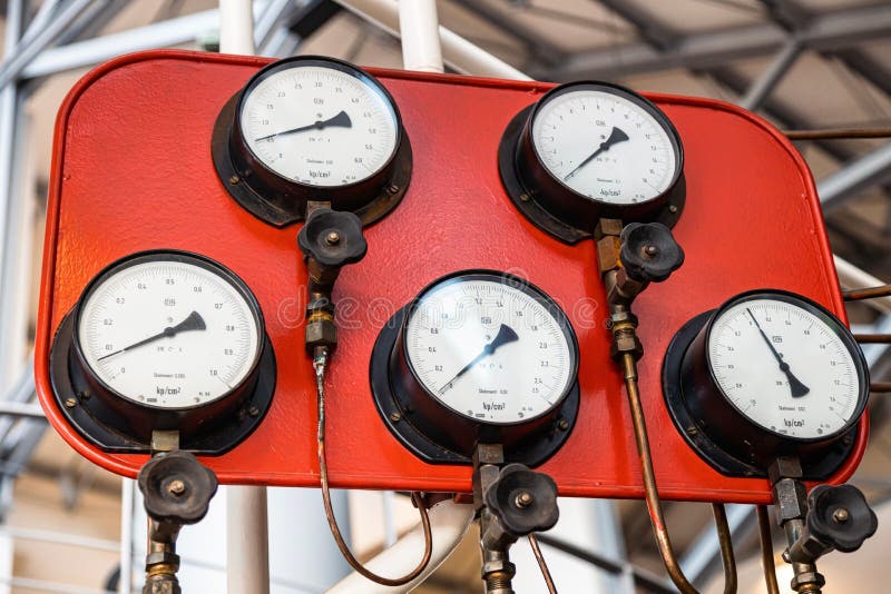 Closeup of Pressure Gauges in a Factory Stock Photo - Image of pressure ...