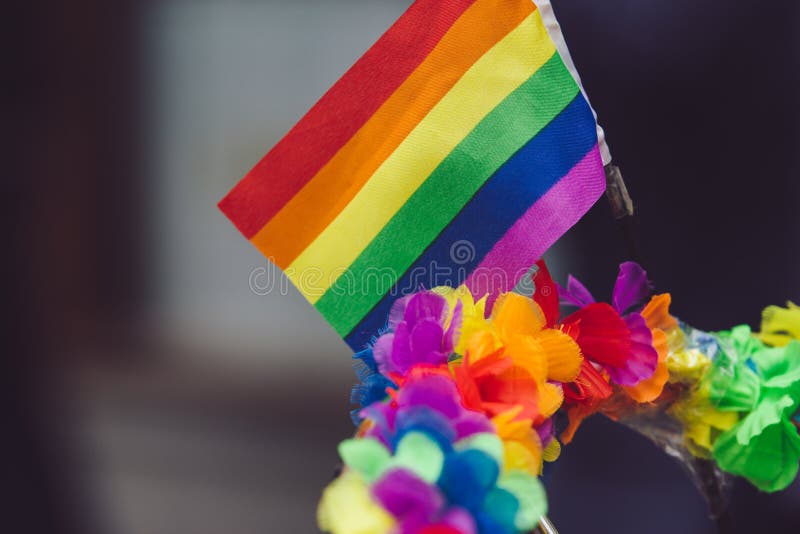 Closeup of a Pride Flag and Rainbow Flowers Under the Lights with a ...
