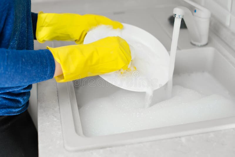 Closeup Process of Washing the White Plate in Sink Stock Photo - Image ...