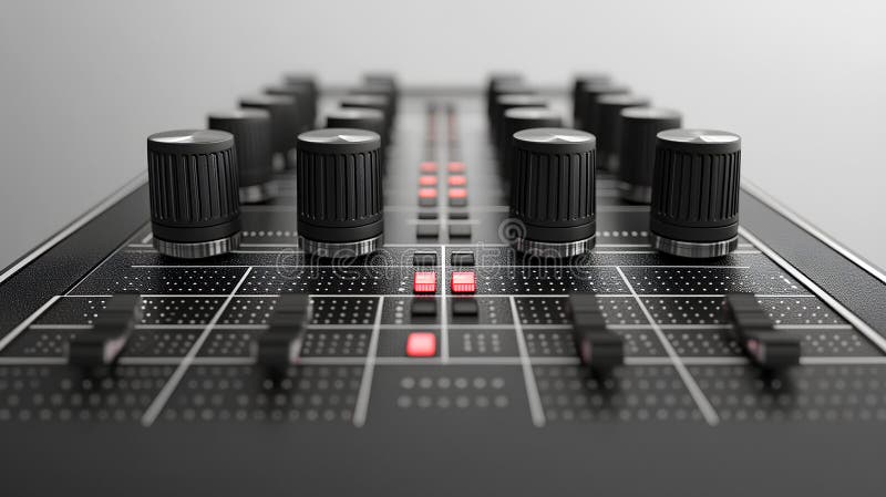 Closeup of Professional Audio Mixing Console with Black Knobs and Red ...