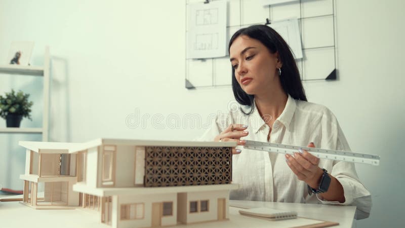 Professional Architect Using Triangular Scale Measure House Model ...