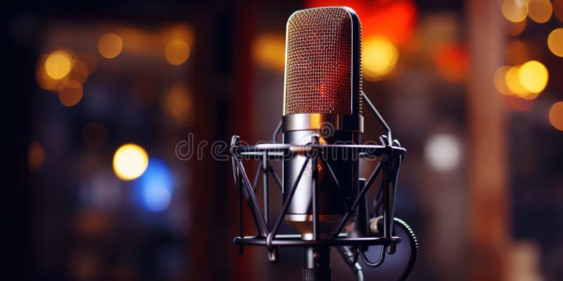 Closeup of Professional Microphone with Dark Bokeh Light Backdrop ...
