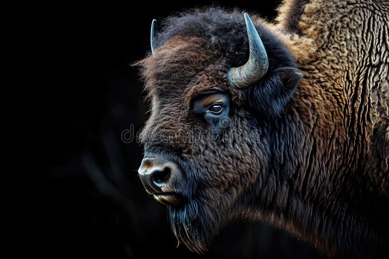 Closeup Profile Portrait of Big Buffalo Bison on a Black Background ...
