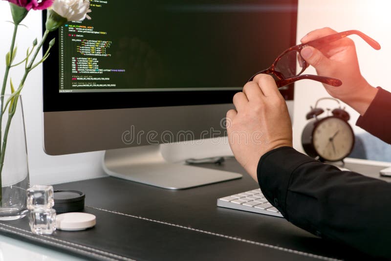 Closeup of Programmer Hand Holding the Glass while Working Stock Photo ...