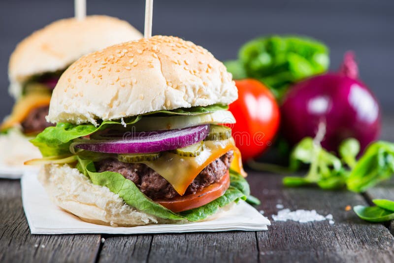 Closeup Pub Style Burger on Table Stock Photo - Image of delicious ...