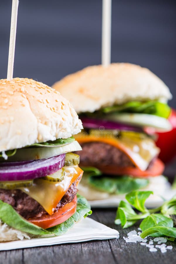 Closeup Pub Style Burger on Table Stock Photo - Image of barbecue ...
