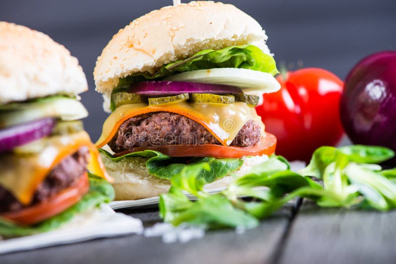 Closeup Pub Style Burger on Table Stock Image - Image of food, meal ...