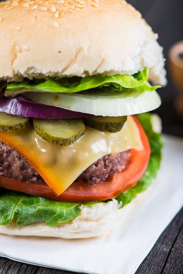 Closeup Pub Style Burger on Table Stock Image - Image of dinner ...
