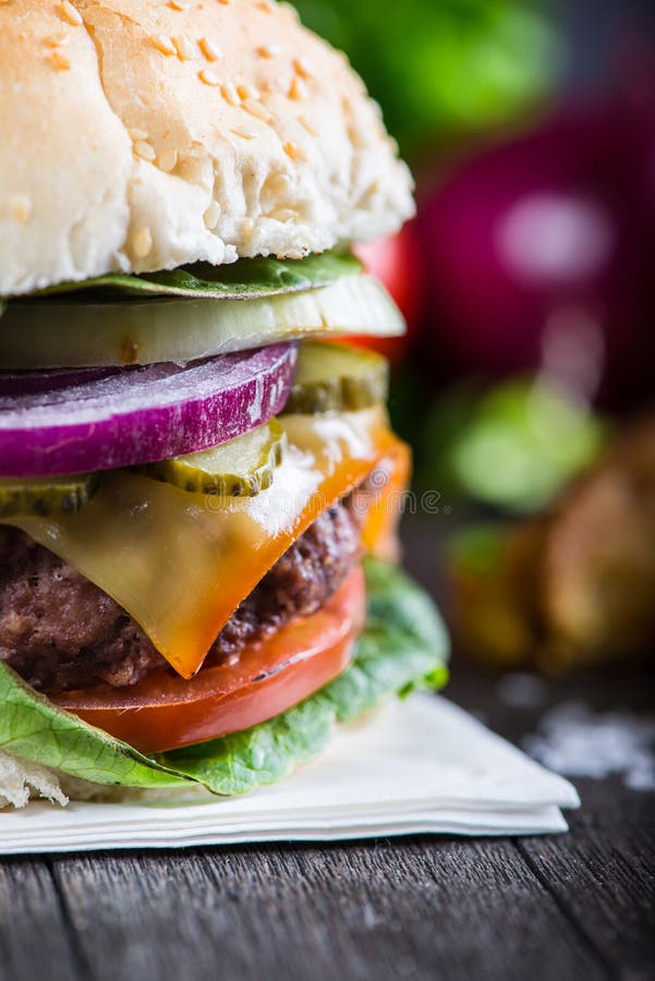 Closeup Pub Style Burger on Table Stock Image - Image of hamburger ...