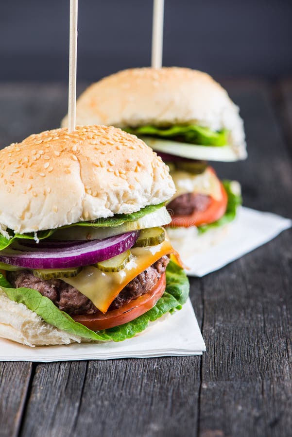 Closeup Pub Style Burger on Table Stock Photo - Image of barbecue ...