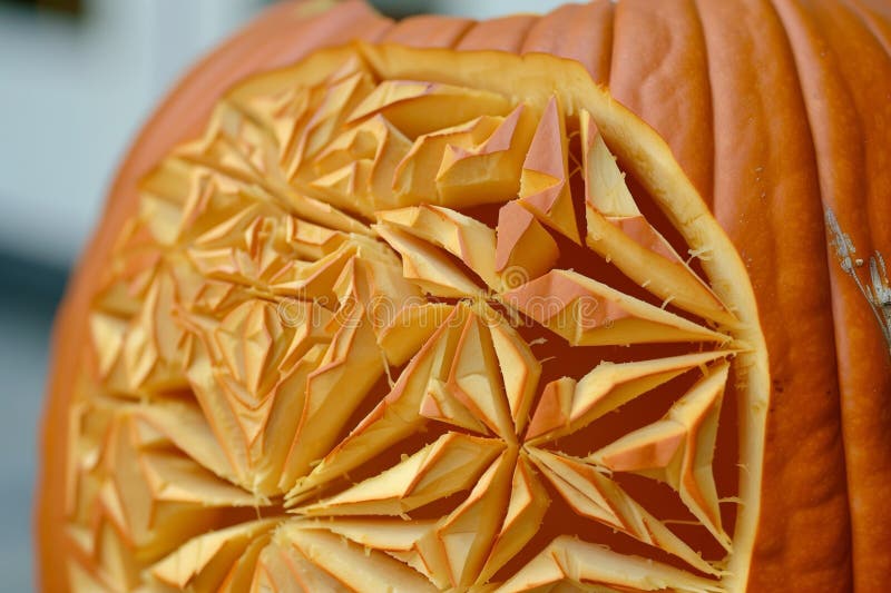 Closeup of a Pumpkin with an Innovative Geometric Pattern Carved Stock ...