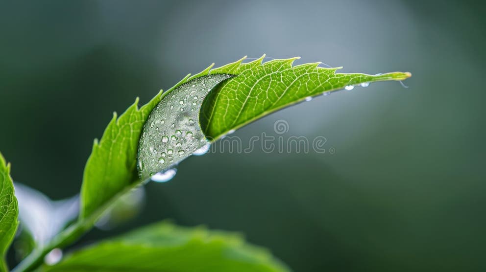 A Closeup of a Raindrop on a Leaf Capturing a Distorted and Inverted ...