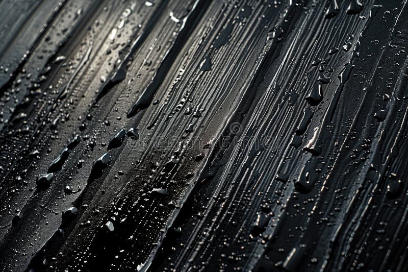 Closeup of Raindrops on a Dark, Textured Surface with Linear Grooves ...