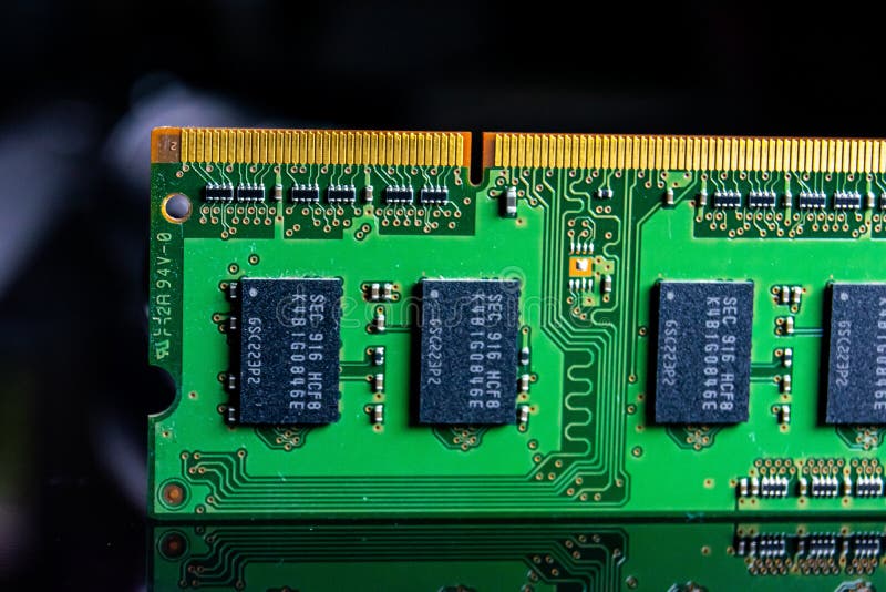 Closeup of a Random Access Memory Stick Under the Lights on a Dark ...