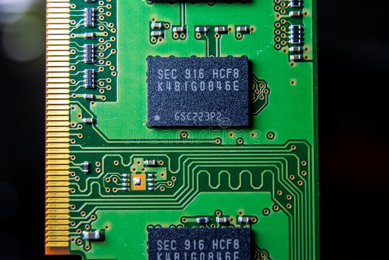 Closeup of a Random Access Memory Stick Under the Lights on a Dark ...