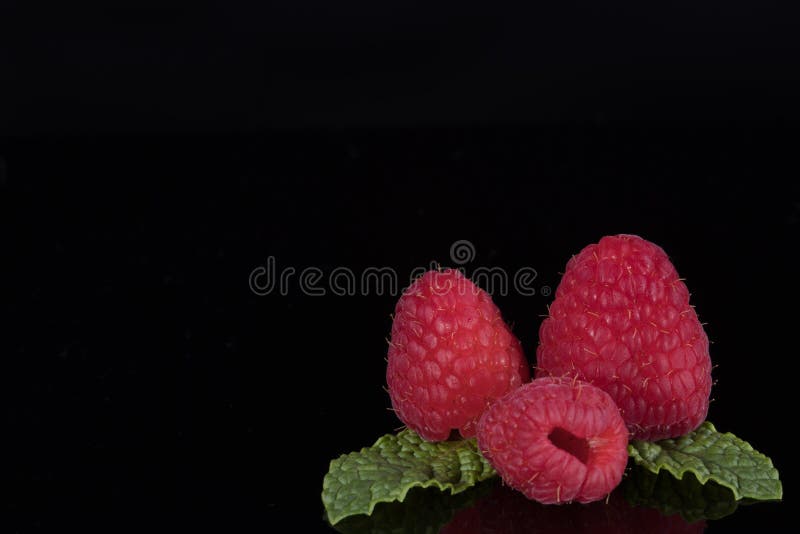 Closeup of Raspberries with Mint Leaves on Black Background Stock Image ...
