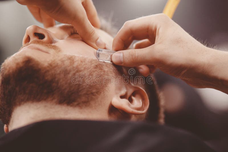 Closeup of Razor Blade Cutting Man Beard Barbershop Stock Image - Image ...