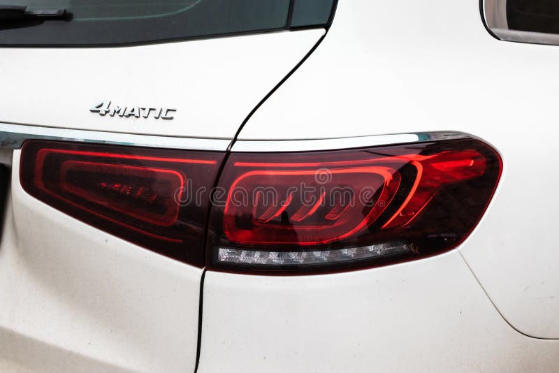 Closeup of Rear Red Taillight on White Suv. Back Lights of Modern Car ...