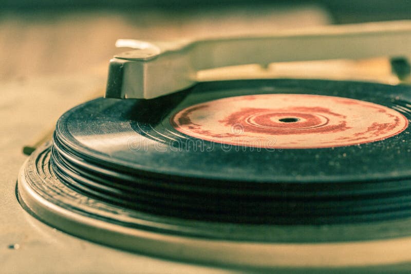 Old Record Player with a Stack of Vinyl Records Stock Image - Image of ...