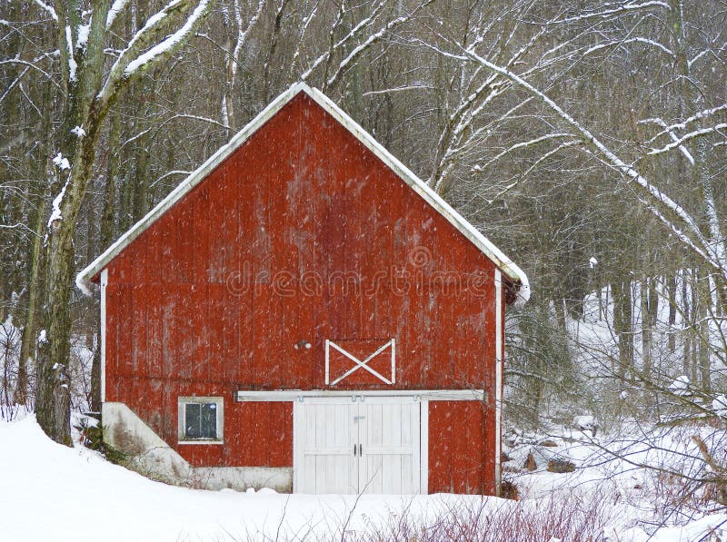 Gable Roof Closeup of Red Barn in Winter Snowstorm Stock Photo - Image ...