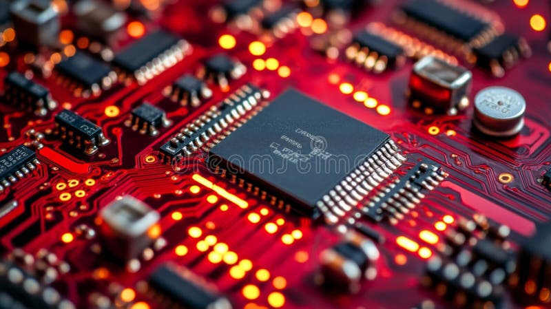 Closeup of a Red Circuit Board with Integrated Chip Stock Illustration ...
