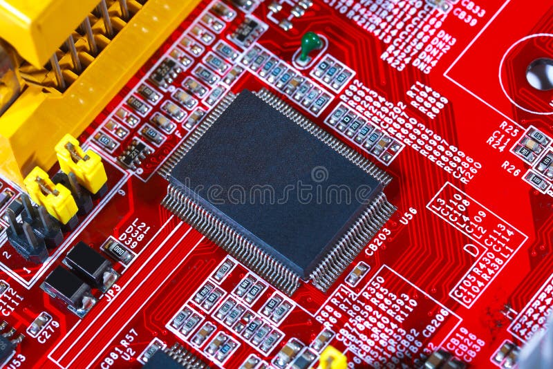 Closeup of Red Electronic Motherboard Circuit with Processor Stock ...