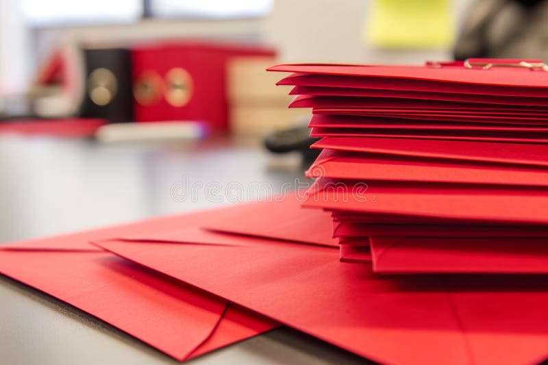 Closeup of Red Envelope Stack on Office Desk Stock Photo - Image of ...