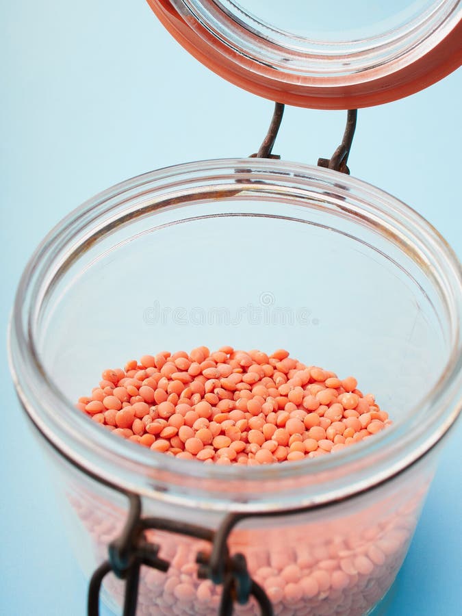 Red Lentils in a Open Transparent Glass Jar Stock Photo - Image of ...