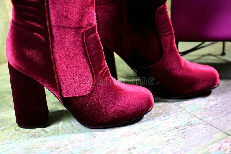 Closeup of Red Velvet High Heels on the Floor Under the Lights Stock ...